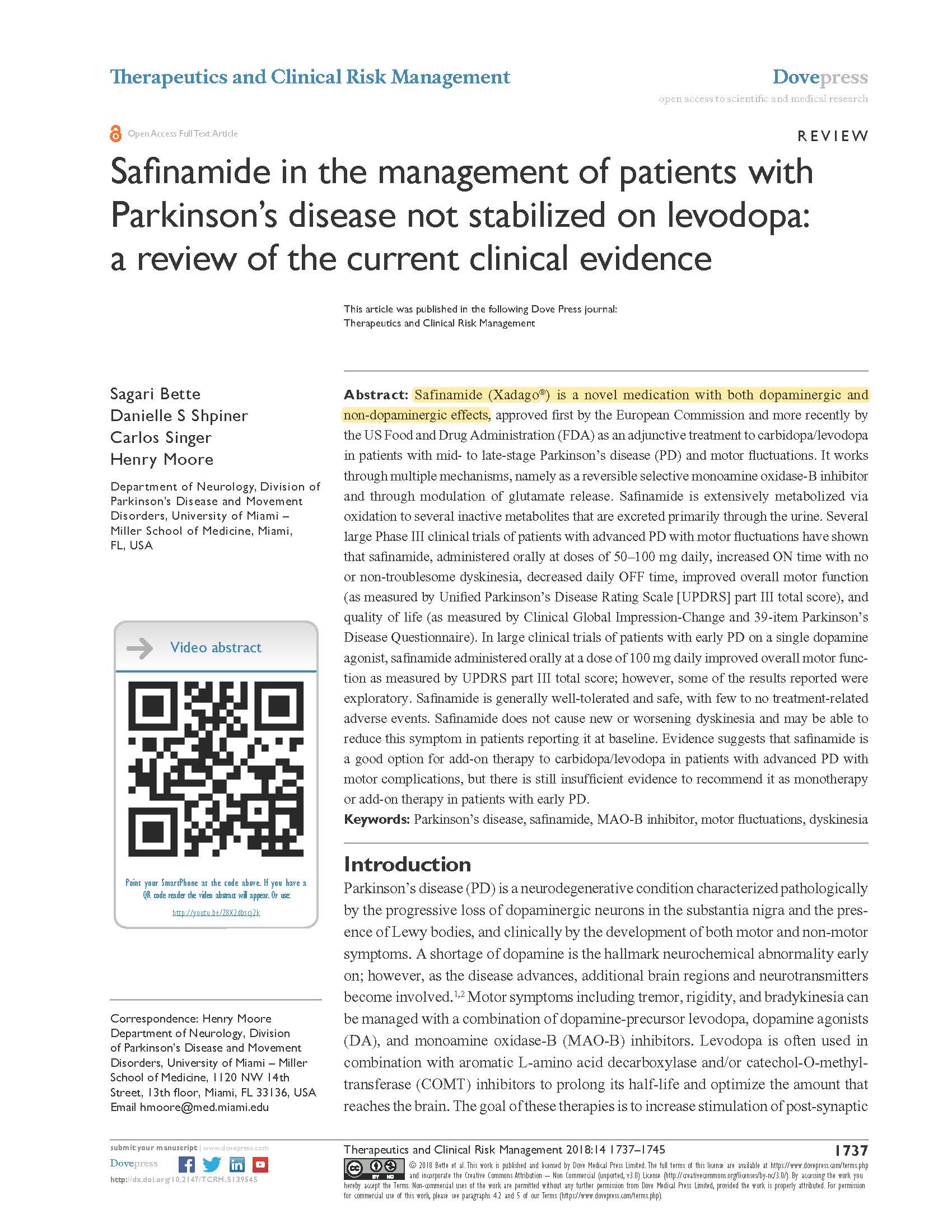 Safinamide in the management of patients with Parkinson’s disease not ...