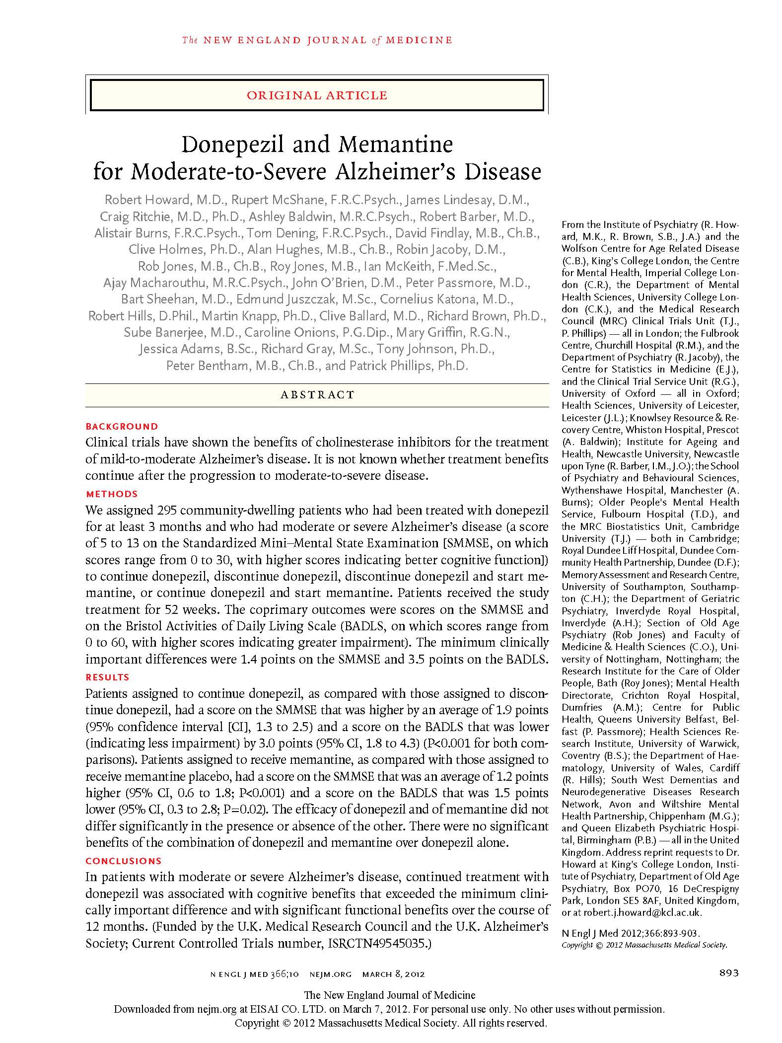 Donepezil and Memantine for Moderate-to-Severe Alzheimer’s Disease - HI ...