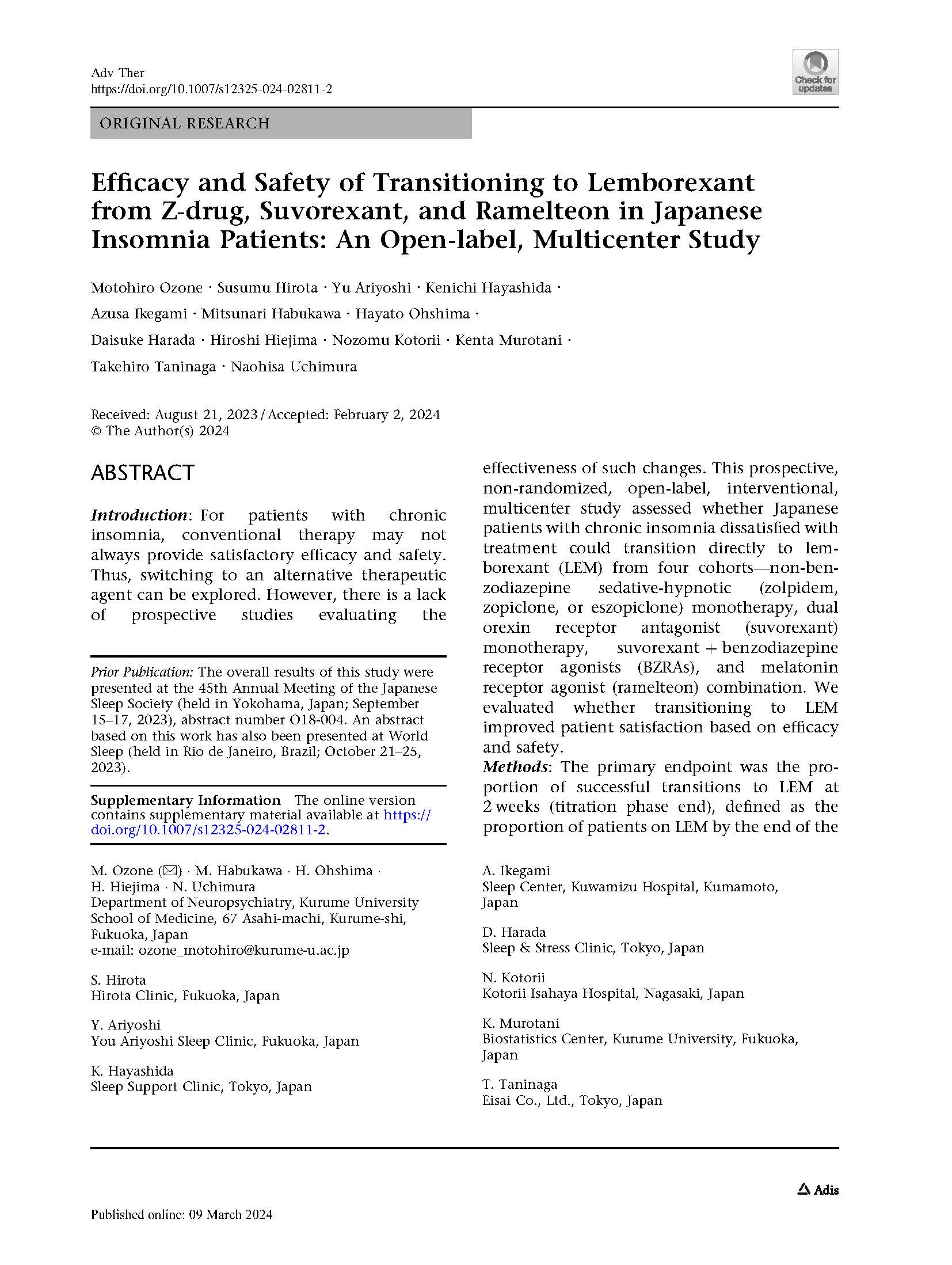 Efficacy and Safety of Transitioning to Lemborexant from Z-drug ...