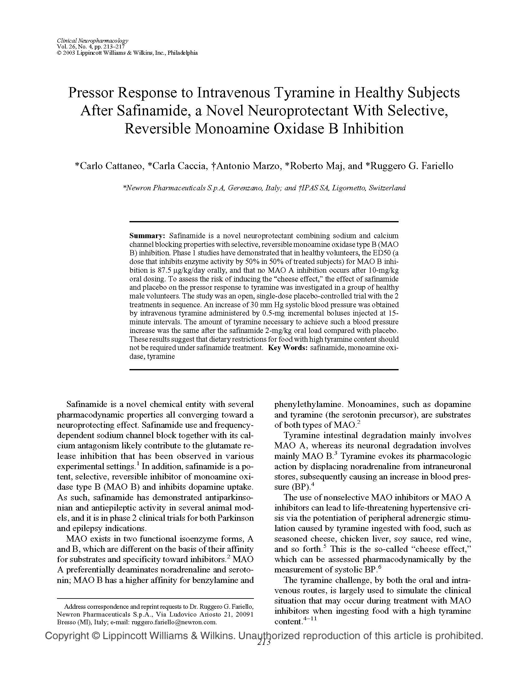 Pressor Response to Intravenous Tyramine in Healthy Subjects After ...