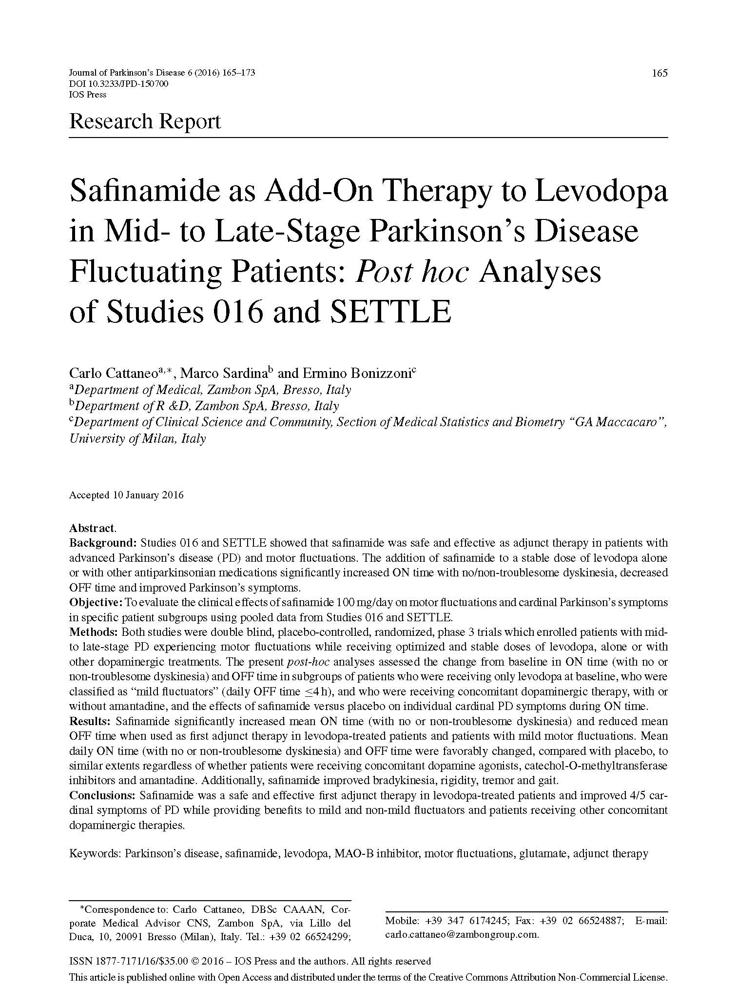 Safinamide as Add-On Therapy to Levodopa in Mid- to Late-Stage ...