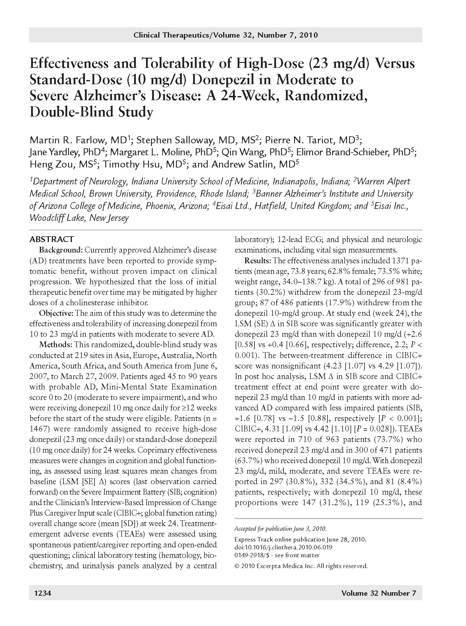Effectiveness and Tolerability of High-dose vs Standard-Dose Donepezil ...