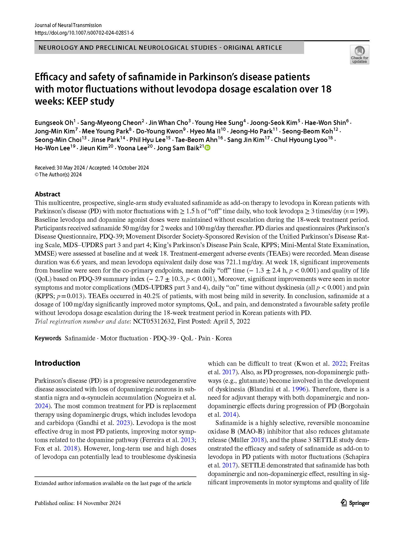 Efficacy and safety of safinamide in Parkinson’s disease patients with ...